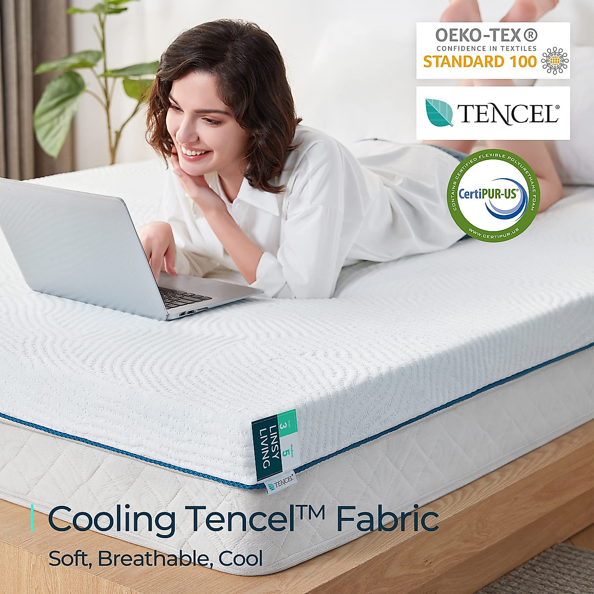 LINSY LIVING 3 Inches Memory Foam Mattress Topper King, Cooling Gel-Infused Swirl Memory Foam, Bed Topper King Size with Tencel™ Cover, CertiPUR-US and Oeko-TEX Certified, King White