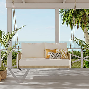 Quarte 1-Piece Woven Rope Outdoor Swing Sofa, 2-Person Porch Swing Bench with Soft Cushions, Patio Furniture for Garden, Backyard, Poolside (Beige/Rope)