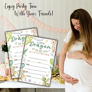 20 Baby Shower Invitations & Thank You Stickers - A Little Dragon Is On His Way, Adorable Dragon Invites, Envelopes & Adhesive Round Stickers, Gender Reveal, Baby Announcement Party Favor (A02)