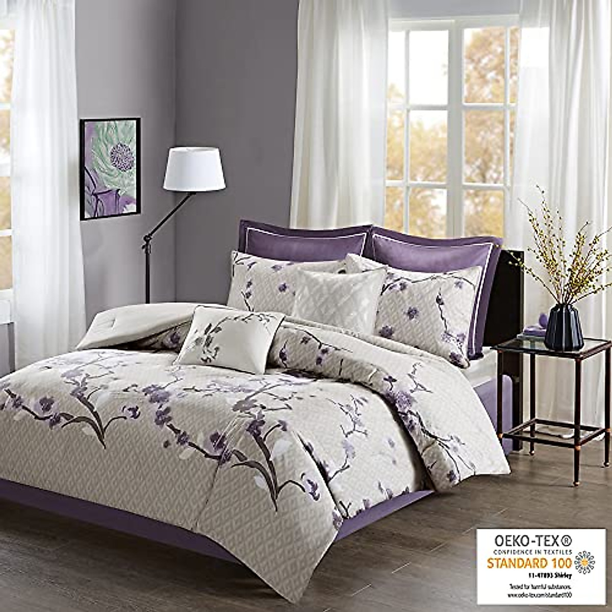 Madison Park Cozy Comforter Nature Scenery Design - All Season Bedding, Matching Bed Skirt, Decorative Pillows, Holly, Floral Purple/Taupe Queen(90"x90") 8 Piece