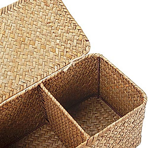 Seagrass Storage Basket with Lid Rectangular Small Woven Shelf Baskets with Sections for Organize Snack Toys