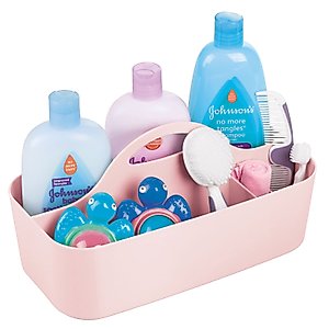 mDesign Plastic Portable Nursery Storage Organizer Caddy Tote - Divided Basket Bin with Handle - Holds Bottles, Spoons, Bibs, Pacifiers, Diapers, Wipes, Baby Lotion - Lumiere Collection - Light Pink