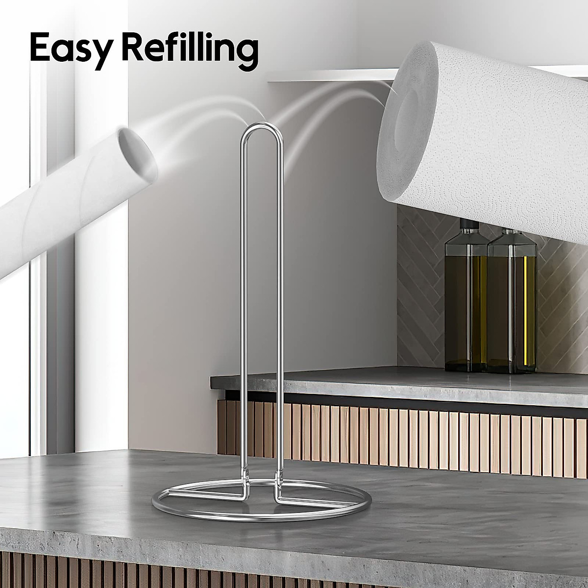 Paper Towel Holder Countertop Stainless Steel Paper Towel Stand Rack Kitchen Towel Dispenser for Standard Paper Towel Rolls Ideal for Kitchen Countertops, Farmhouses, Living Rooms (Silver)