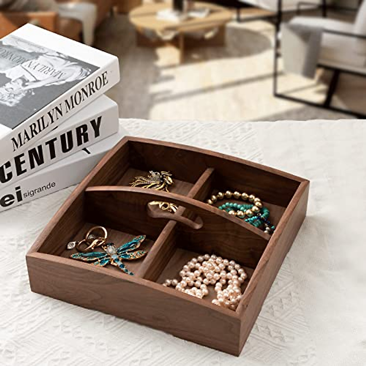 Insunen Walnut Wood Tray with Handle, Square Wooden Divided Serving Trays 4 Compartments, Nut Candy Snack Storage Organizer Trays, Coffee Table Tray, Ottoman Decorative Tray (10.6"x10.6"x3.15")