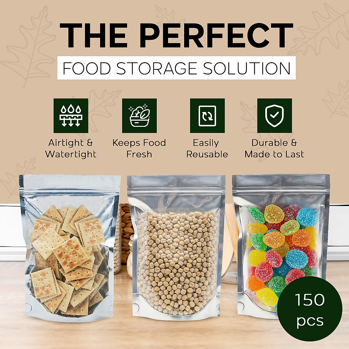 WaldOaks 150 Resealable Food Storage Bags, 6x9-inch Heat Sealable Air Tight Bags, Stand Up Zip Bags, Waterproof Packaging Barrier, 24 fl oz