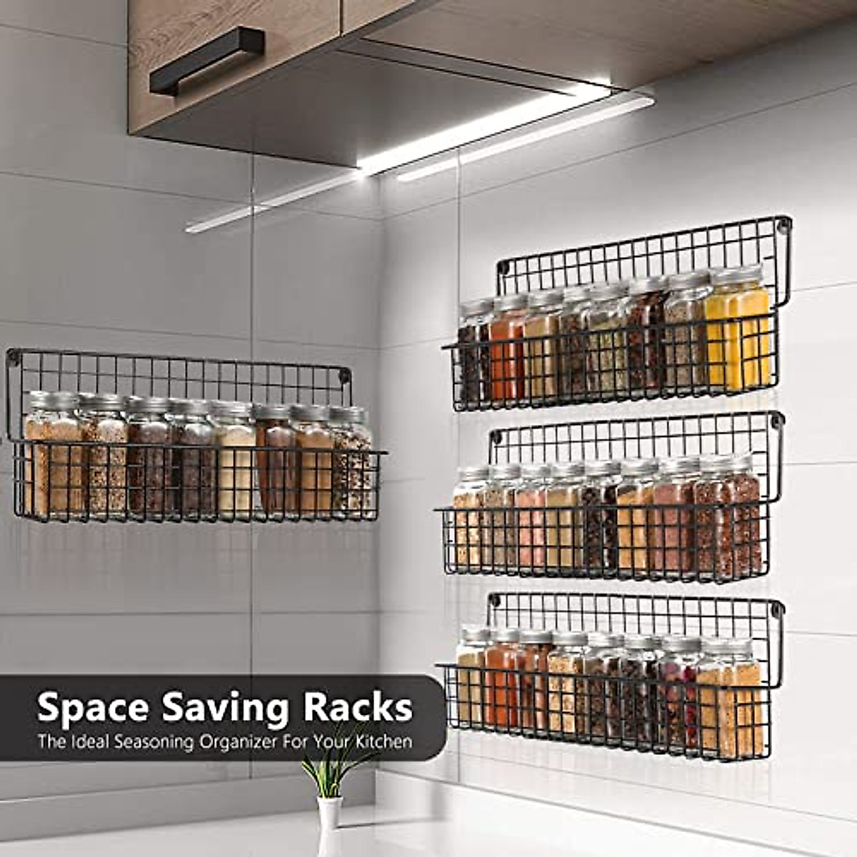 Hanging Spice Racks with Jars, 4-Tier Wall Mounted Metal Spice Racks with 32 Pcs 4oz Glass Spice Jars, Easy To Install Space Saving Organizer Shelf with Seasoning Bottles For Your Kitchen and Pantry