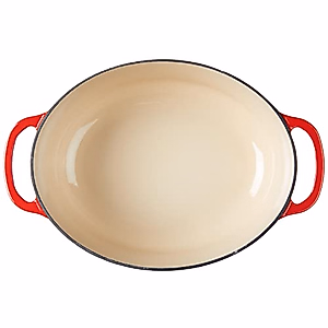 Lodge 7 Quart Enameled Cast Iron Oval Dutch Oven with Lid – Dual Handles – Oven Safe up to 500° F or on Stovetop - Use to Marinate, Cook, Bake, Refrigerate and Serve – Red
