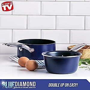 Blue Diamond Cookware Diamond Infused Ceramic Nonstick, 1QT and 2QT Saucepan Pot Set, PFAS-Free, Dishwasher Safe, Oven Safe, Blue