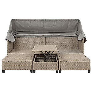 Danxee 4 Piece UV-Proof Resin Outdoor Sectional Sofa Set Patio Rattan Daybed with Retractable Canopy, Wicker Patio Sofa Set with Cushions, Pillows, and Lifting Table
