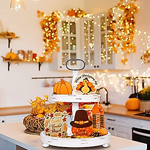 MAONAME Distressed White Tiered Tray, Wooden 2 Tier Tray with Metal Handle, 14.5" x 14.5" x 18", Farmhouse 2 Tier Tray Decor, Rustic Two Tiered Tray for Seasonal Decorations