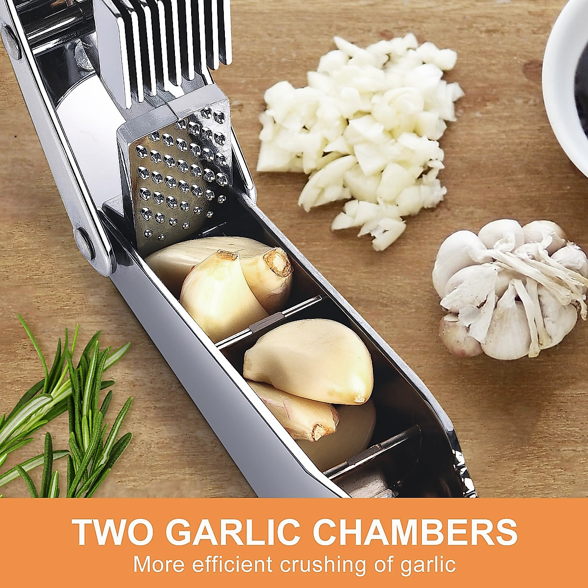 Garlic press and slicer 2 in 1,Effortlessly Crush, Slice, and Mince Garlic,with this Versatile Kitchen Tool - Perfect for Home Cooks and Professional Chefs Alike. (Silvery)