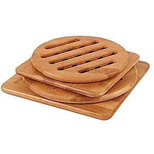 Alfto Hot Pads Trivet,Table Solid Bamboo Wood Trivets for Hot Dishes and Pot with Non-slip Pads Heat Resistant Pads Teapot Trivet 4pcs(Multi Size,2 Square 2 Round)