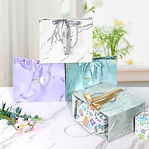 JMANNI Gift Bags, 4PCS Gift Bags Medium Size with Bow Ribbon, Portable Paper Gift Bag with Handles, Birthday Gift Bags, Marble Pattern Present Bags for Christmas Wedding Party Mothers Day（Marble Style）