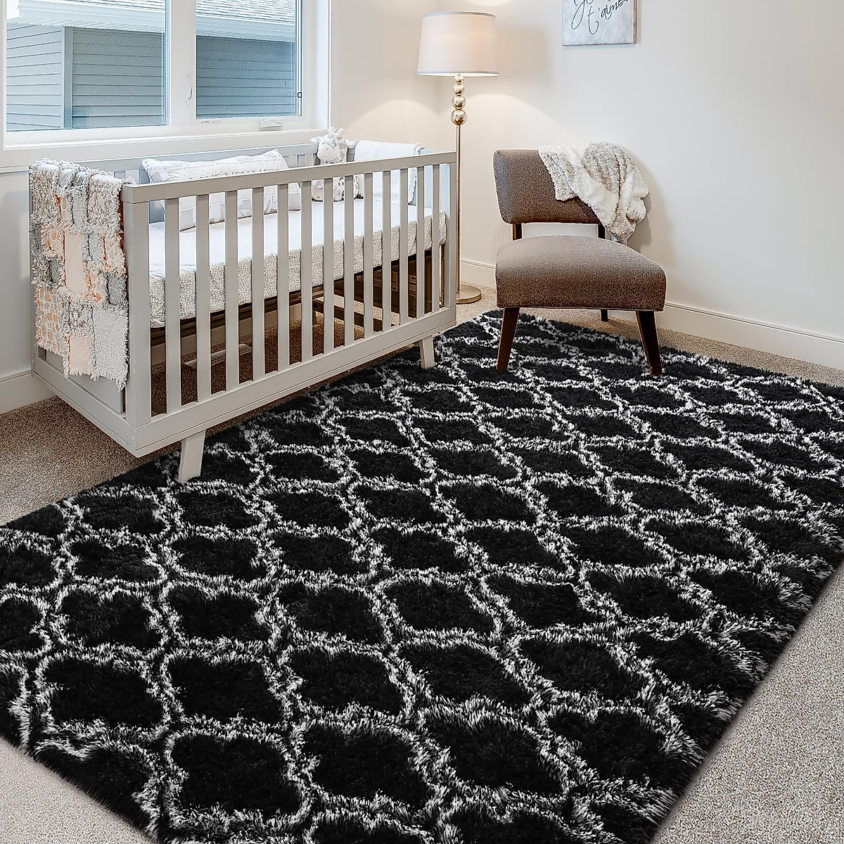 Hutha 6x9 Shag Large Area Rugs for Living Room, Black and White Modern Super Soft Bedroom Carpet, Moroccan Luxury Geometric Plush Fluffy Rug for Kids Nursery Girls Room Indoor Home Decor