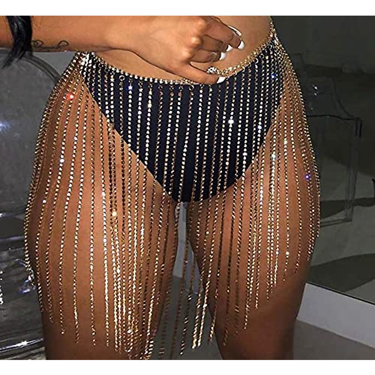 Asooll Crystal Body Chains Fashion Belly Hip Skirts Tassel Waist Chains Summer Beach Nightclub Party Body Accessories Jewelry for Women and Girls (Gold)