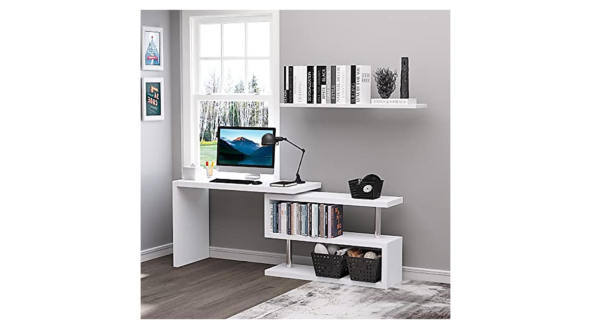 HOMCOM Rotating Corner Desk | Space-Saving L-Shaped & Straight Workstation