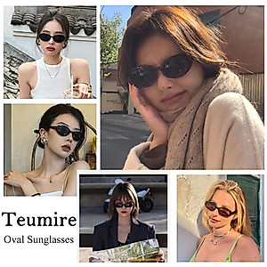 Teumire Retro Oval Sunglasses for Women Men 90s Style Vintage Small Sun Glasses UV400 Protection Shades(Black)