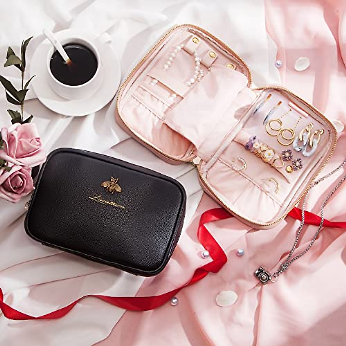 LACATTURA Travel Jewelry Organizer, Vegan Leather Jewelry Case for Necklaces, Rings, Earrings, Bracelet, Portable Jewelry Storage Bag for Women and Men, Pink