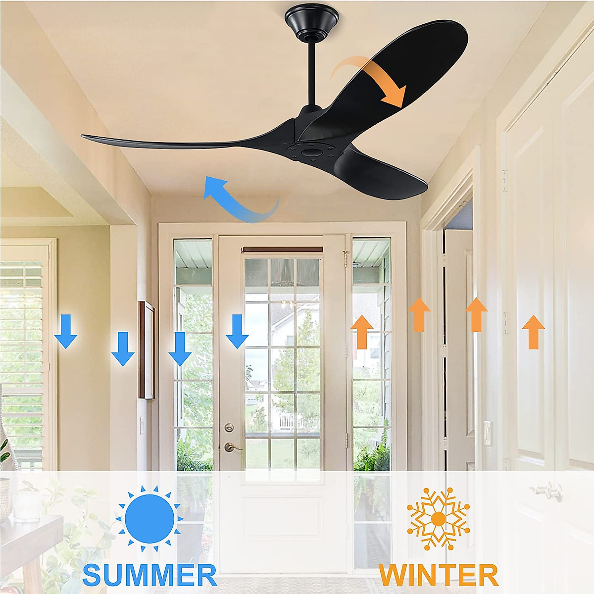 XCWIIE Modern Ceiling Fan No Light 60" Outdoor Ceiling Fans Black Ceiling Fan, Retro Wood Ceiling Fans, DC Motor, for Restaurant Living Room Bedroom Inverter Silent Fan with Remote Timing ​Function