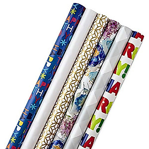 Hallmark All Occasion Wrapping Paper with Cut Lines on Reverse (6 Rolls: 180 sq ft ttl) Happy Birthday, Polka Dots, Blue Flowers for Birthdays, Mothers Day, Weddings, Graduations, Bridal Showers