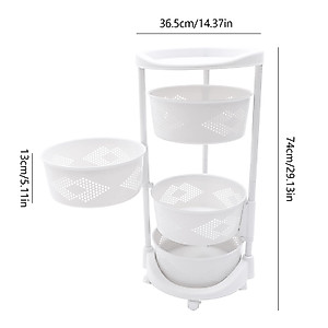 LOYALHEARTDY Rotating Storage Rack 4 Tier Round Mesh Baskets Storage Shelf Rack Adjustable Height Kitchen Storage Shelf with 5 Lockable Casters for Kitchen Bathroom Bedroom White