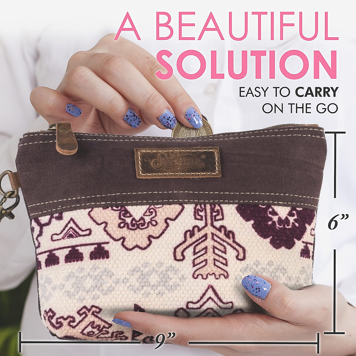 SIXTEASE Women's Fashion Wristlet Small Clutch With Wrist Strap - Vintage Style Zipper Made with Genuine Leather, Upcycled Canvas, Rug, or Hair On - Unique Designs, Hand Stitched - Iris