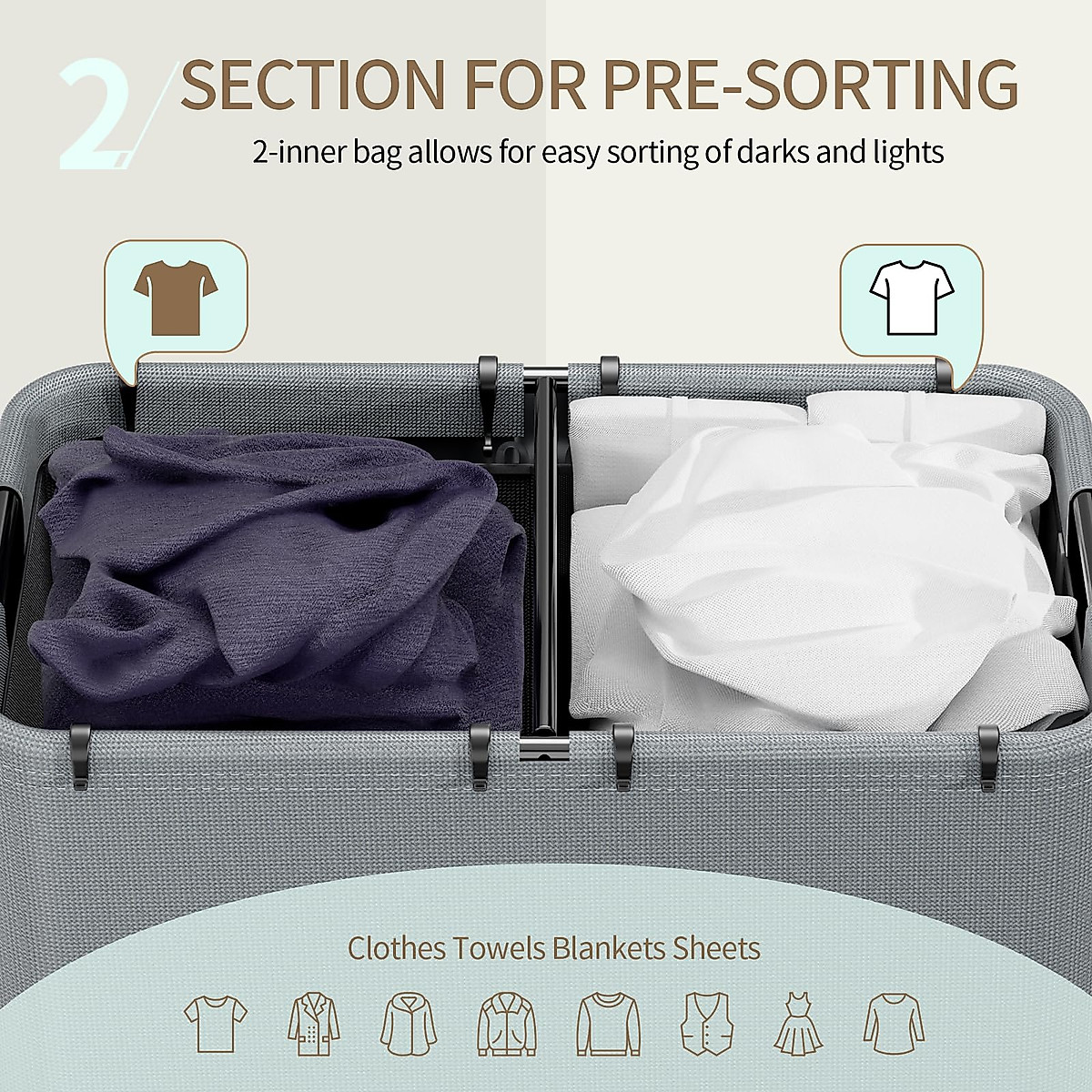 Yecaye 150L Laundry Hamper with Wheels, Rolling Laundry Basket with Lid and 2 Removable Laundry Bag, Large Capacity Clothes Hampers for Laundry, Bedroom, Bathroom, Dorm, Laundry Room, Grey