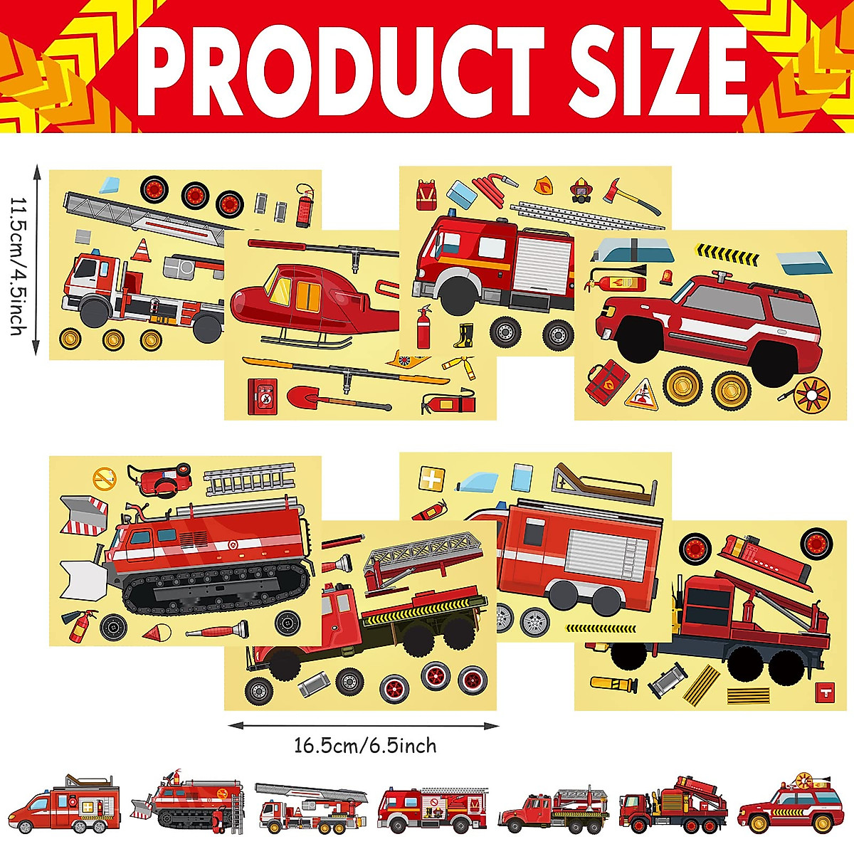 48 Sheets Truck Party Favors Make Your Own Truck Stickers Kits Bulk with 8 Designs Firefighter Red Pickup Patient Trucks Emergency Vehicle for Kindergarten, Festival Present (Fire Engine)