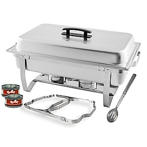 TigerChef 8 Quart Full Size Stainless Steel Chafer with Folding Frame and Cool-Touch Plastic on top - Includes 2 Free Chafing Gels and Slotted Serving Spoon (1, 8 Quart Chafer)