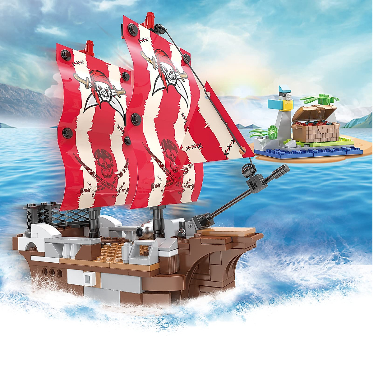 Finebely 3in1 Pirate Ship Building Set with Treasure Island, Toy Pirates Island Building Kit, Outpost with Slide and Seesaw, Creative Playset Pirates Themed Gifts for Boys Ages 6 Years and up, 260 Pcs