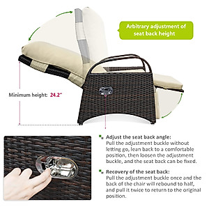 Skypatio Indoor/Outdoor Wicker Recliner Chair, Adjustable Backrest Patio Recliner Lounge Chair with Flip Side Table, Footrest and Soft Cushion(Khaki)