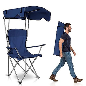 TeqHome Camping Chair with Canopy, Outdoor Folding Lounge Chair with Adjustable UPF 50+ Sun Shade & Cup Holder, Portable Camping Recliner for Camp Beach Outdoor Sports, 350LB Max Support - U.S Spot