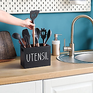 ALELION Wood Kitchen Utensil Holder with 2 Compartments, 7" Large Rustic Utensil Caddy Organizer for Kitchen Counter, Black Farmhouse Kitchen Decor and Accessories for Countertop