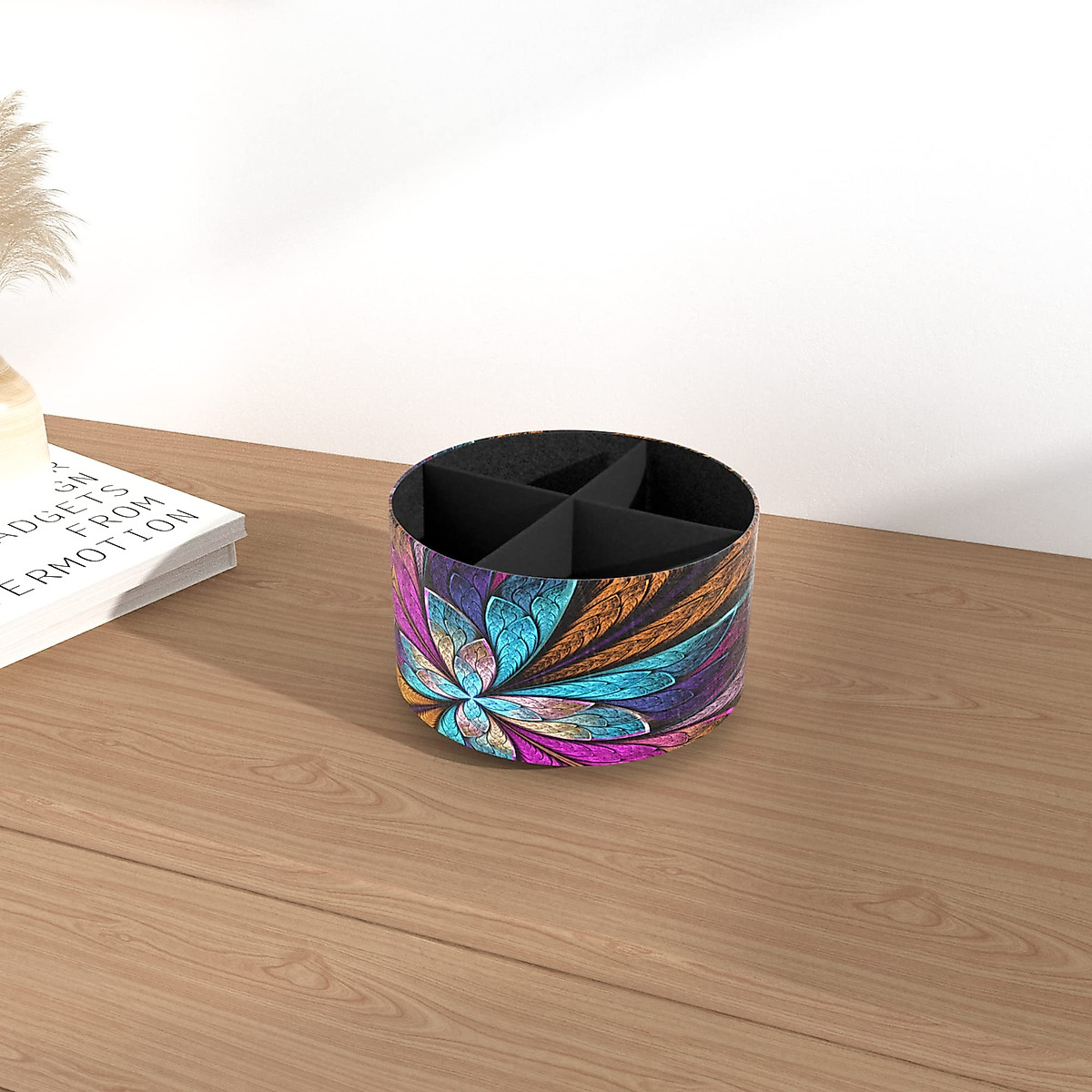 Hennaja Round Leather Art Supply Organizer,Remote Control Holder,360 Degree Rotating,Multi-Functional Pencil Holder,4 Compartments Desktop Stationary Organizer(1-Fractal Flower)