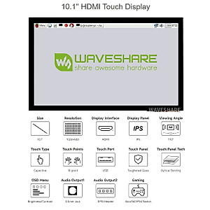 waveshare 10.1inch Capacitive Touch Screen LCD Compatible with Raspberry Pi 5/4B/3B+/3A+/2B/B+/A+/Zero/Zero W/WH/Zero 2W CM3+/4 1024×600, HDMI IPS 10-Points Touch Supports Windows/Jetson Nano