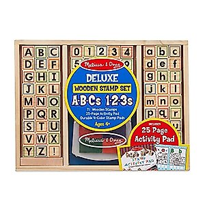 Melissa & Doug Deluxe Letters and Numbers Wooden Stamp Set ABCs 123s With Activity Book, 4-Color Stamp Pad - Arts & Crafts For Kids Ages 4+