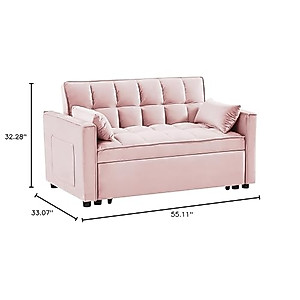 3 in 1 Convertible Sleeper Sofa Bed ,Modern Futon Loveseat Couch Pullout Bed, Velvet Upholstered Small Love Seat Lounge w/Reclining Backrest, Toss Pillows, Pockets, Furniture for Living Room Office