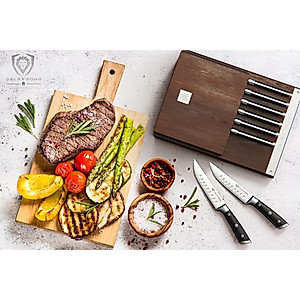 Dalstrong Steak Knife Set - 8 Piece - 5 inch Straight Edge Blade - Gladiator Series Elite - Forged High-Carbon German Steel Dinner Kitchen Knife - Black G10 Handle - Folding Block Set - NSF Certified