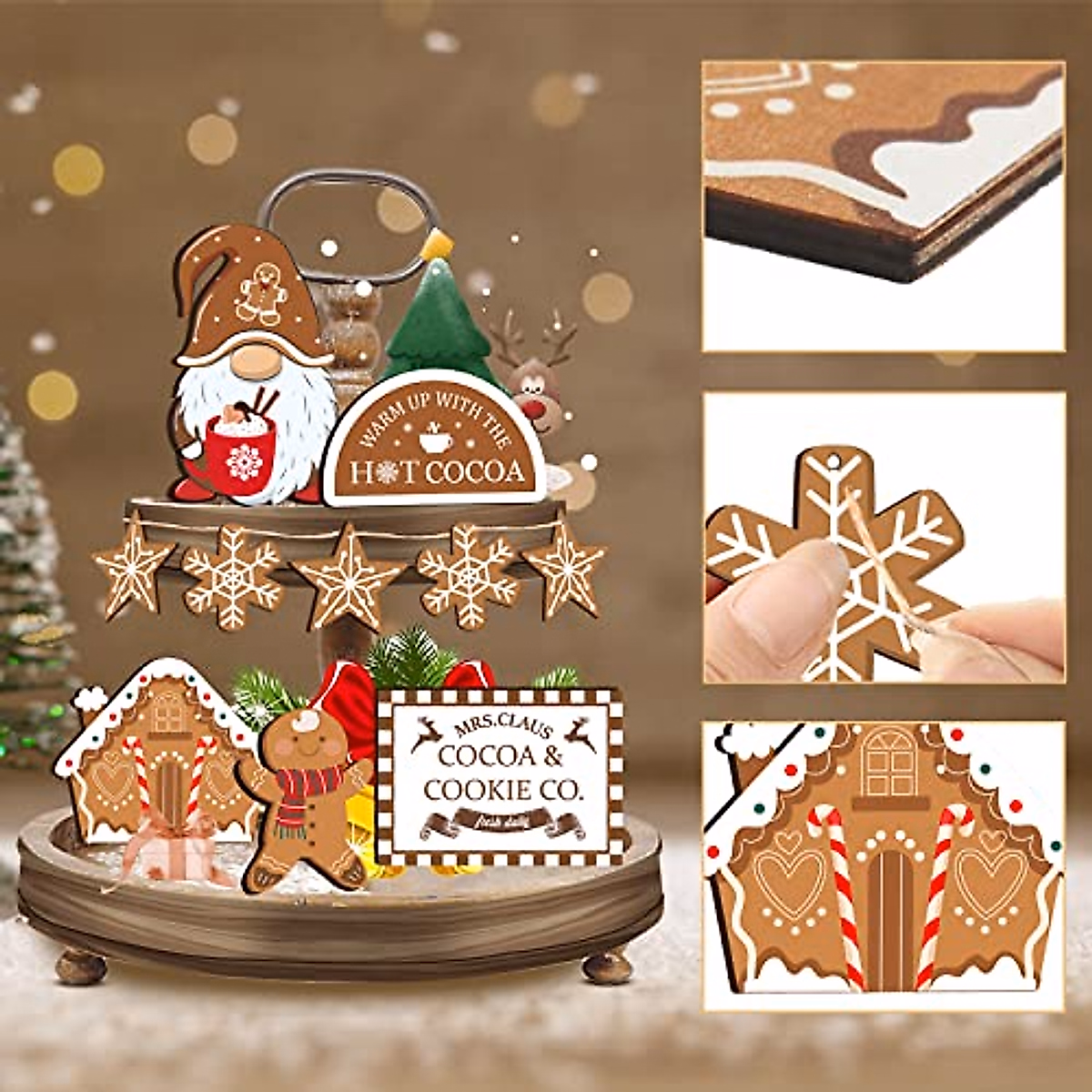 10 Pieces Christmas Tiered Tray Decor-Winter Holiday Gingerbread Themed Decor with Hot Cocoa Bar and Cute Gnomes Wooden Signs for Farmhouse Rustic Centerpiece Home Room Table Fireplace Shelf