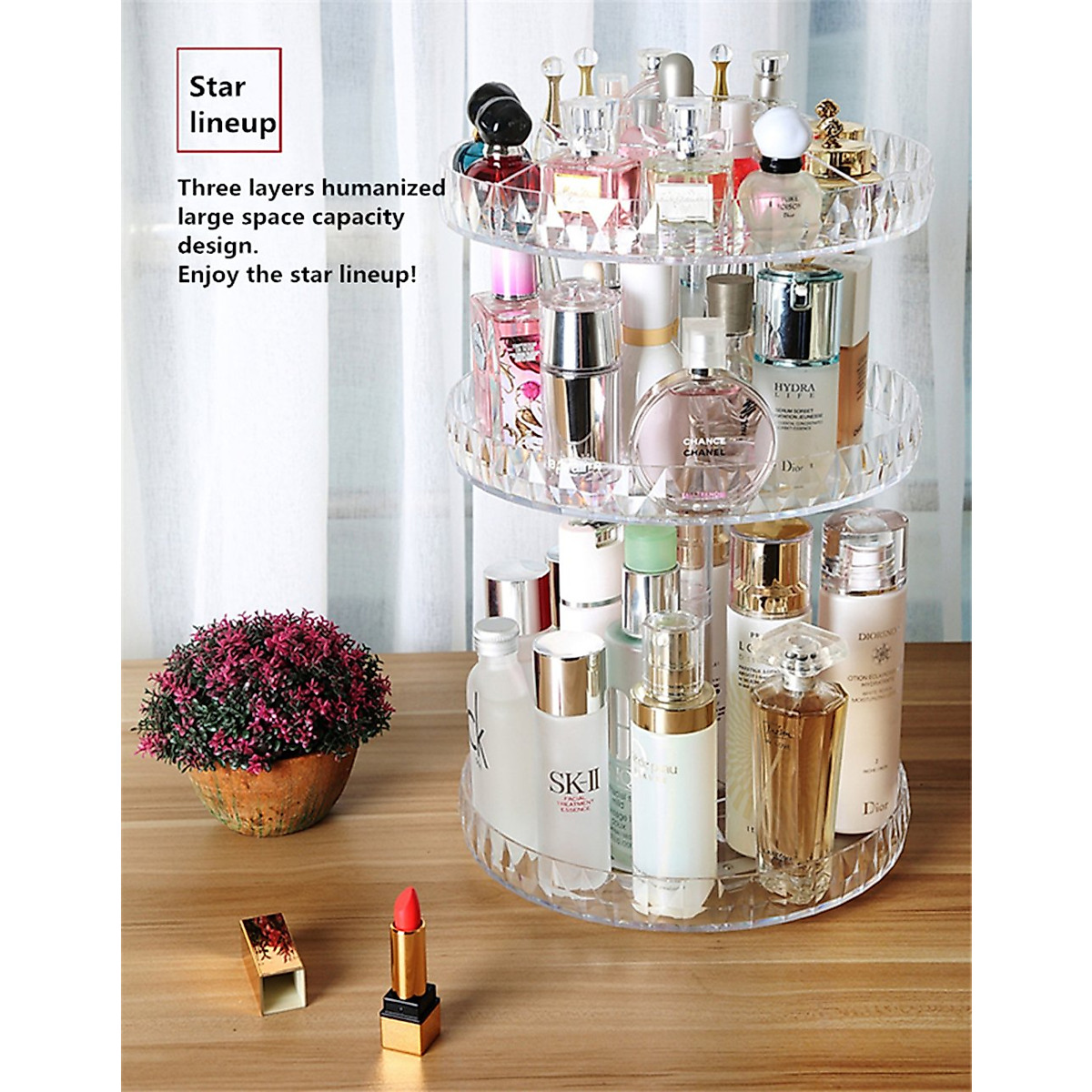BOTIDE Diamond Pattern Three Layers Perfume Organizer, 360 Rotating Diamond Cosmetic Storage Box Transparent Acrylic Swivel Shelf Desktop Skin Care Product Dresser Finishing, Plus Size