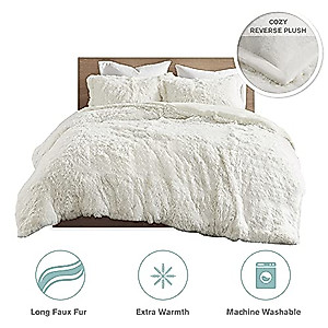 Intelligent Design Malea Shaggy Duvet with Quilted Box Design, Long Faux Fur Comforter Cover Cozy Bedding Set, Matching Shams, (Insert Not Included) Full/Queen, Ivory 3 Piece, 90x90