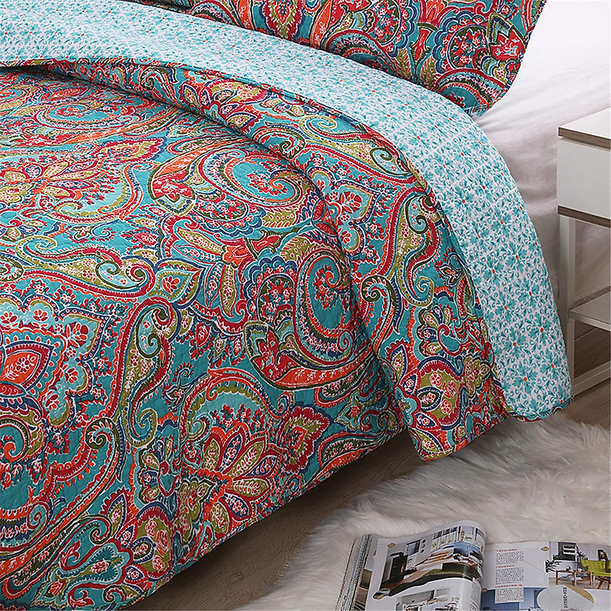 Newrara Jacquard Style Cotton 3 Pcs Patchwork Bedspread Boho Quilt Sets Queen Size（Red）