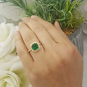 Dazzlingrock Collection 7.5 mm Cushion Lab Created Emerald & Round White Diamond Halo Engagement Ring for Women in 14K Yellow Gold Size 8