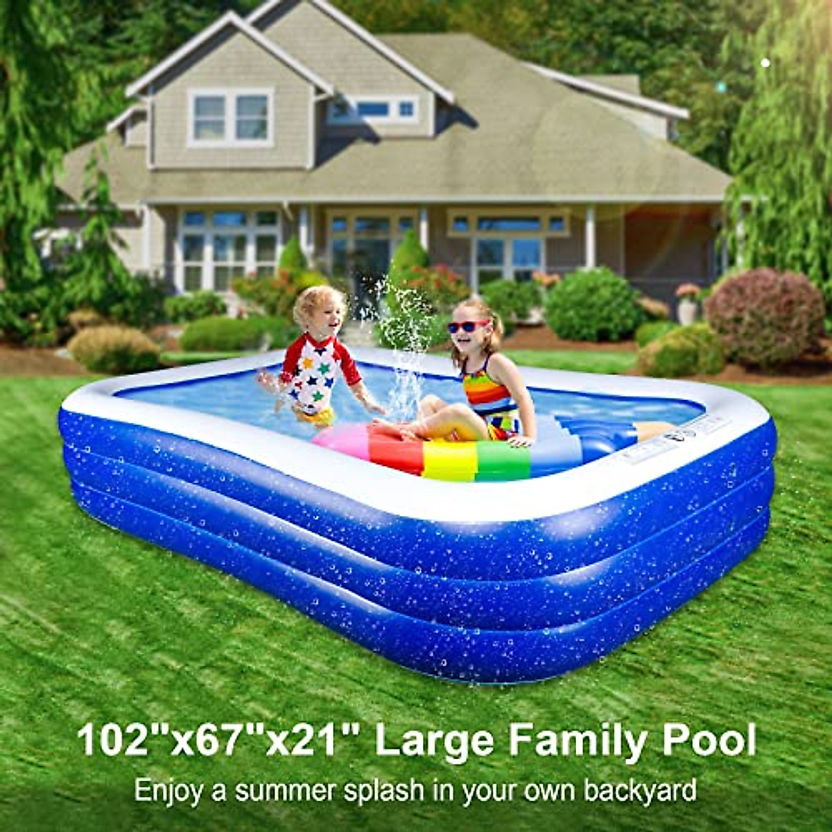 Inflatable Pool Kiddie Pool, 102" x 67" x 21" Family Swim Center Rectangular Swimming Pools for Kids, Adults, Babies, Toddlers, Outdoor, Backyard, Garden, Summer Pool Party