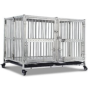 48" Heavy Duty Dog Crate Cage Kennel with Wheels, Full Stainless Steel High Anxiety Indestructible Dog Crate, Sturdy Locks Design, Double Door Small Door Design & Removable Tray Design (Silver)