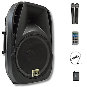 MUSYSIC PA Power Bluetooth Speaker 2000W with Dual UHF Wireless Microphones Bluetooth/FM/USB/SD PA System 15” Speaker with Rechargeable Battery MU-U15PA
