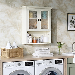 MXARLTR Wall Mount Bathroom Storage Cabinet, Medicine Cabinet with Tempered Glass Door and Buffering Hinge Over Toilet Storage Cabinet Wall Mounted Organizer Above Toilet Storage Cabinet (Cream White)