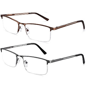 HUYAOPT 2-Pack Blue Light Blocking Reading Glasses Men Women Spring Hinge Computer Reading Glasses Metal Frame (Mixed Color, 2.0