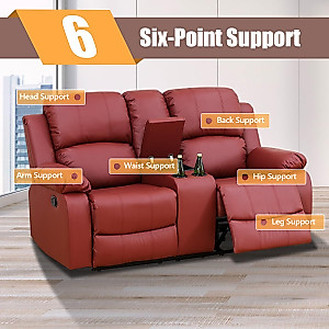Mlxgoie 73" Leather Loveseat Sofa Manual Double Recliner Chair with Cup Holders and Storage Space, 74.5x37x40 in, Red