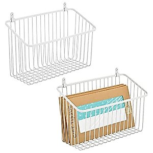 mDesign Small Metal Wire Wall Mounted Storage Organizer Basket Bin for Hanging in Kitchen, Garage, Entryway, Mudroom, Bedroom, Bathroom, Laundry Room - Unity Collection - 2 Pack - White